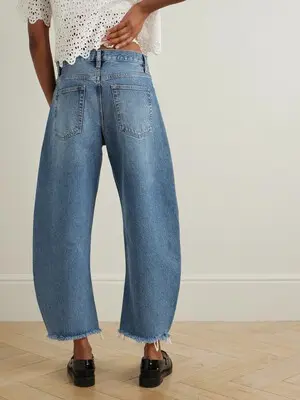 FRAME The Bubble Crop Frayed High-rise Barrel-leg Jeans - Blue