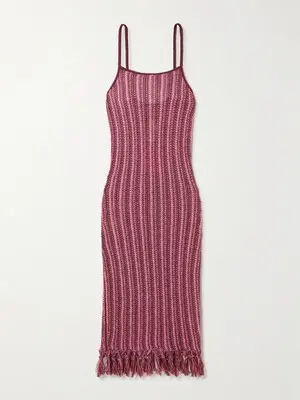THE ELDER STATESMAN Fringed Striped Cotton Midi Dress - Pink