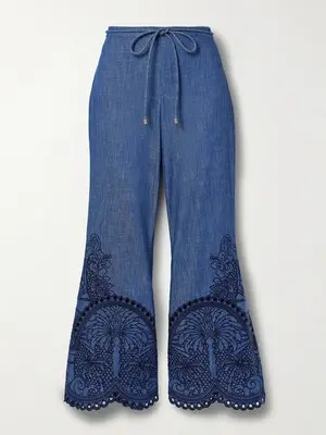 Zimmermann Coco Belted Embroidered Cotton-chambray Flared Pants