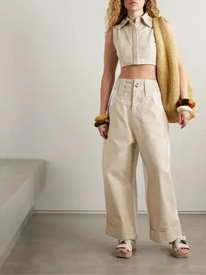 TOLU COKER Cropped Paneled Herringbone Cotton Top