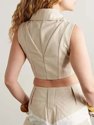 TOLU COKER Cropped Paneled Herringbone Cotton Top