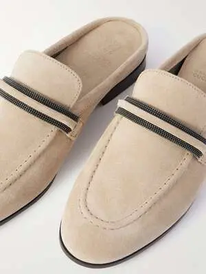 Brunello Cucinelli Bead-embellished Suede Slippers
