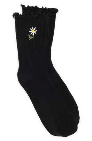 CASA CLARA Floral Embroidered Crew Socks Black