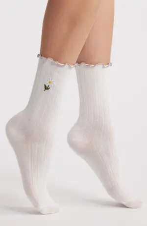 CASA CLARA Floral Embroidered Crew Socks - Cloud