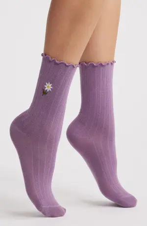 CASA CLARA Floral Embroidered Crew Socks Lavender
