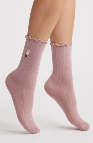 CASA CLARA Floral Embroidered Crew Socks Rose