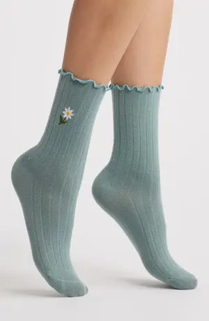 CASA CLARA Floral Embroidered Crew Socks Storm Blue