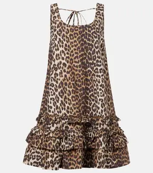 GANNI Leopard-print Ruffled Mini Dress - Brown