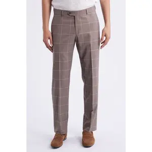 Berle Windowpane Check Stretch Wool Dress Trousers - Medium Brown