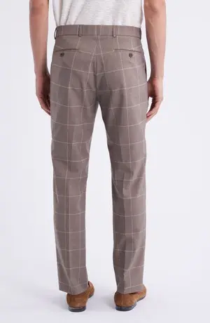 Berle Windowpane Check Stretch Wool Dress Trousers - Medium Brown