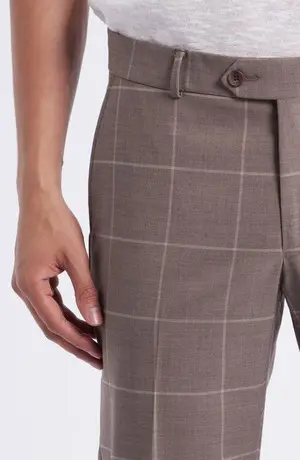 Berle Windowpane Check Stretch Wool Dress Trousers - Medium Brown
