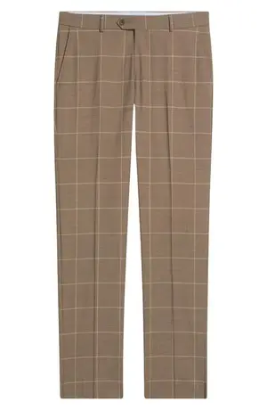 Berle Windowpane Check Stretch Wool Dress Trousers - Medium Brown