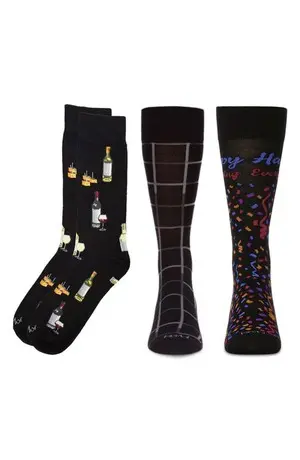MEMOI Festivities Assorted 3-Pack Novelty Crew Socks Black