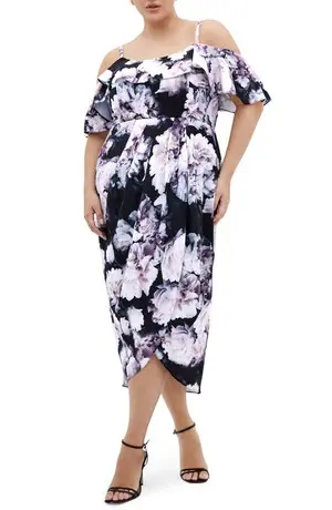 City Chic Floral Drape Cold Shoulder Midi Dress - Sweet Sensation