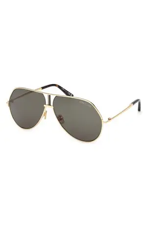 TOM FORD Rickie 63mm Oversize Navigator Sunglasses - Shiny Gold Dark Havana / Green