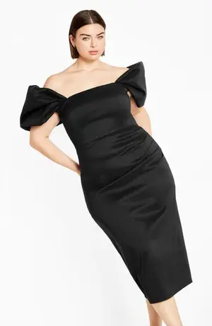 City Chic Elyse Puff Sleeve Sheath Dress - Black