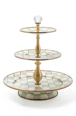 MACKENZIE-CHILDS Sterling Check Three Tier Sweet Stand - Grey/ White