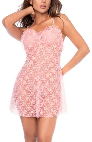 MAPALE Lace Babydoll Chemise & Thong Set - Light Pink