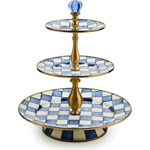 MACKENZIE-CHILDS Royal Check Three Tier Sweet Stand - Blue/ White