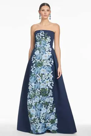 Sachin & Babi Larisa Floral Strapless A-line Gown - Navy Cascade