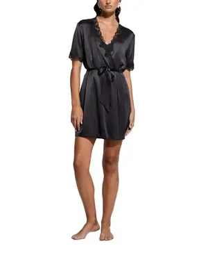 Ginia Silk Short Wrap Gown With Lace Trim Robe - Black