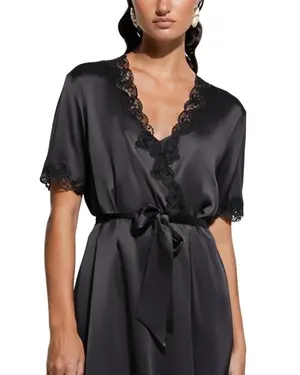 Ginia Silk Short Wrap Gown With Lace Trim Robe - Black