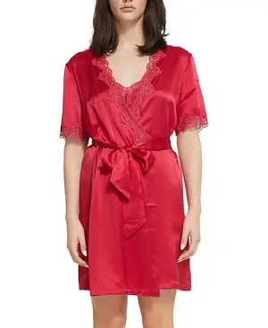 Ginia Silk Short Wrap Gown With Lace Trim Robe - Ruby