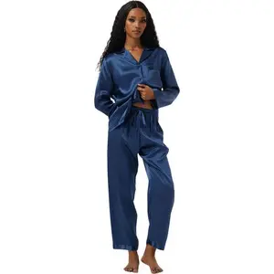 SILKSILKY Silk Button Up Collared Pajama Set - Dark Blue