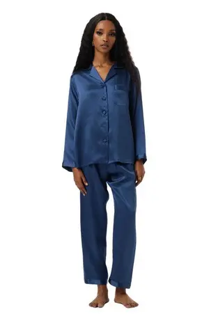 SILKSILKY Silk Button Up Collared Pajama Set - Dark Blue
