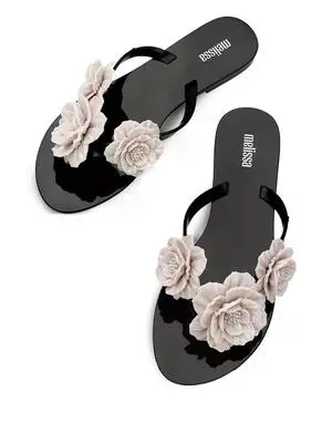 Melissa Harmonic Springtime Floral-embellished Flip Flops - Black