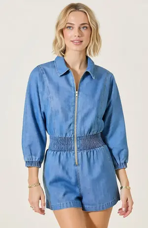 MODENAIRE Zip Front Romper With Smocked Waist And 3/4 Sleeves - Blue