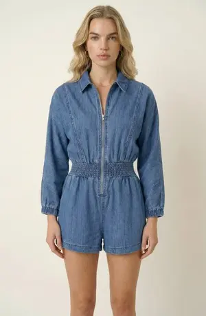 MODENAIRE Zip Front Romper With Smocked Waist And 3/4 Sleeves