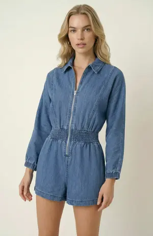 MODENAIRE Zip Front Romper With Smocked Waist And 3/4 Sleeves