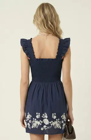 MODENAIRE Smocked Floral Embroidered Mini Dress