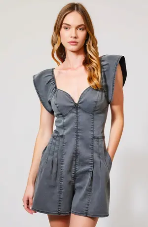 MODENAIRE Structured Zip Front Romper With Flutter Sleeves - Gray