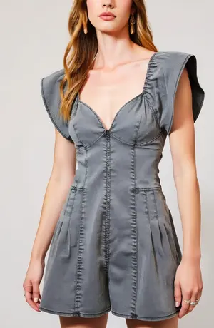 MODENAIRE Structured Zip Front Romper With Flutter Sleeves - Gray