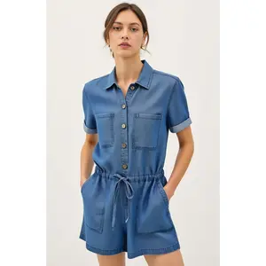 MODENAIRE Utility Denim Romper With Pockets - Denim Blue