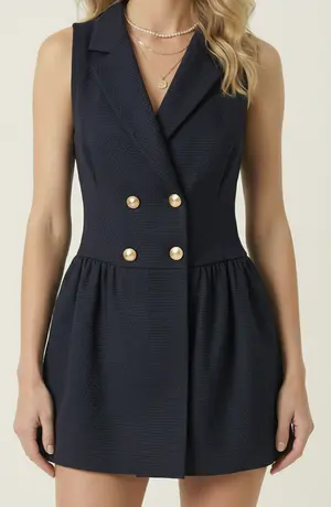 MODENAIRE Sleeveless Double-breasted Boucle Tweed Blazer Dress