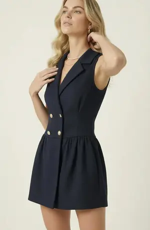 MODENAIRE Sleeveless Double-breasted Boucle Tweed Blazer Dress