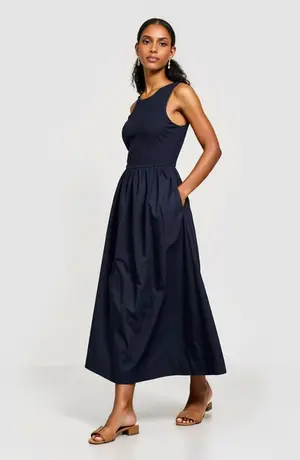 MODENAIRE Sleeveless Fit-and-flare Maxi Dress With Seam Waist And Side Pockets - Navy Blue