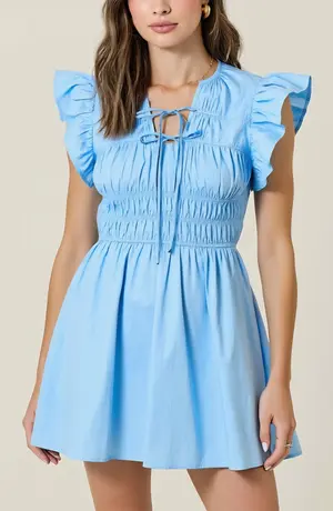 MODENAIRE Smocked Mini Dress With Ruffle Sleeves - Blue