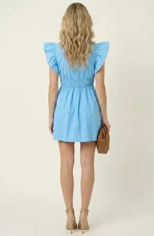 MODENAIRE Smocked Mini Dress With Ruffle Sleeves