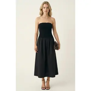MODENAIRE Strapless Smocked Bodice Midi Dress With Pockets - Black