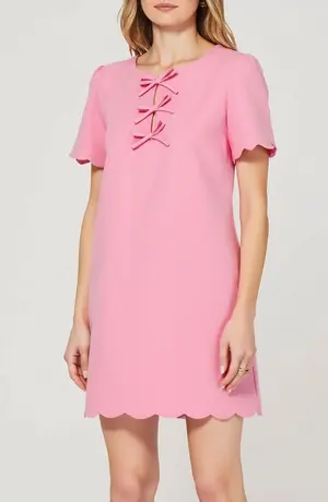MODENAIRE Scallop Hem Shift Dress With Bow Tie Details