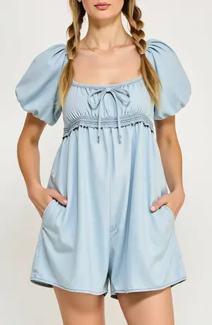 MODENAIRE Puff Sleeve Romper With Tie Front And Relaxed Fit - Light Blue
