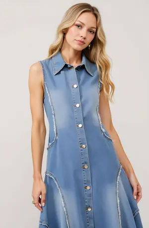 MODENAIRE Sleeveless Denim Midi Shirt Dress With Frayed Seams