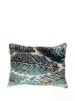 LES-OTTOMANS Leaf-patterned Decorative Cushion - Blue