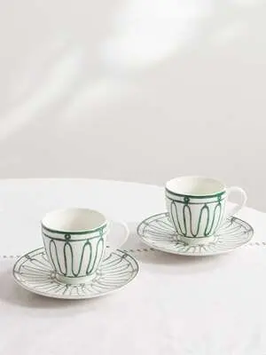 Themis Z Kyma Set Of Two Painted Porcelain Cups And Saucers - Green