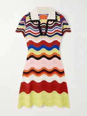 La DoubleJ Scalloped Striped Pointelle-knit Cotton Mini Dress - Multi