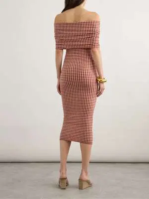 Alaïa Off-the-shoulder Checked Stretch-knit Midi Dress
